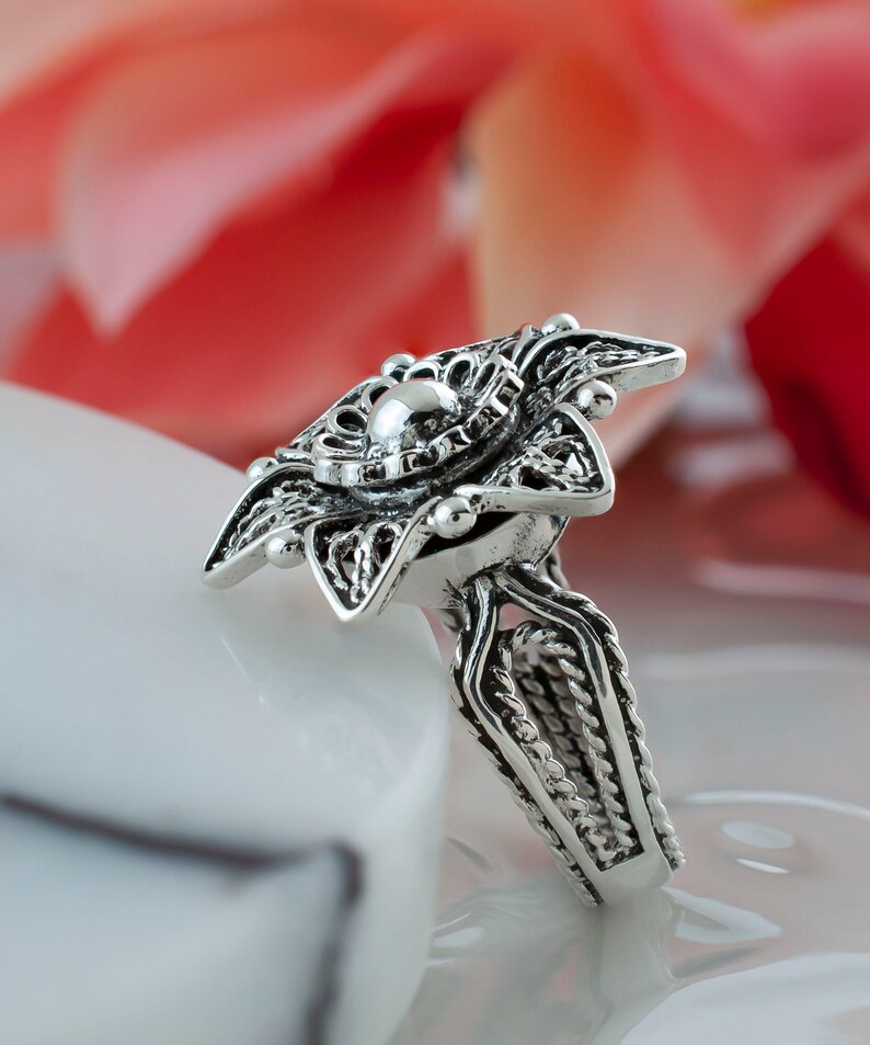 925 Sterling Silver Filigree Lily Women Ring Handmade Floral - Etsy