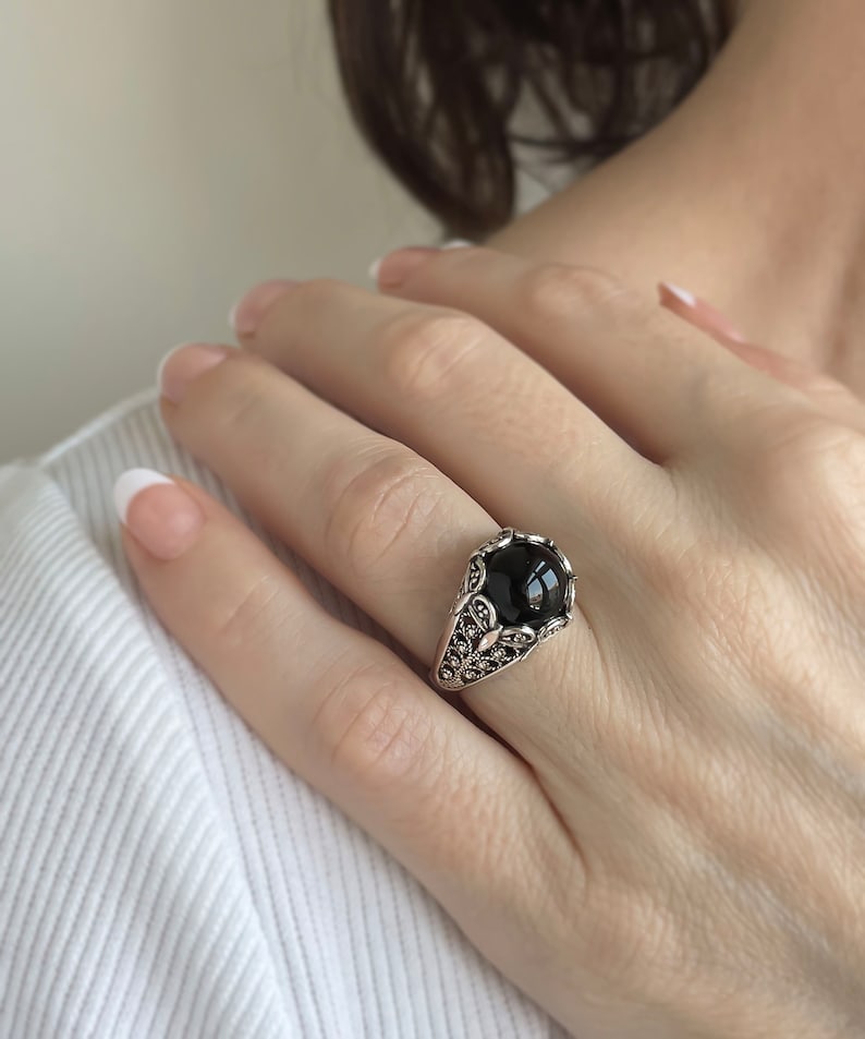 Black Onyx Silver Gothic Cocktail Ring, 925 Sterling Silver Artisan ...