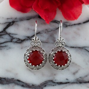 Ruby Silver Victorian Filigree Drop Earrings, 925 Sterling Silver Ruby ...