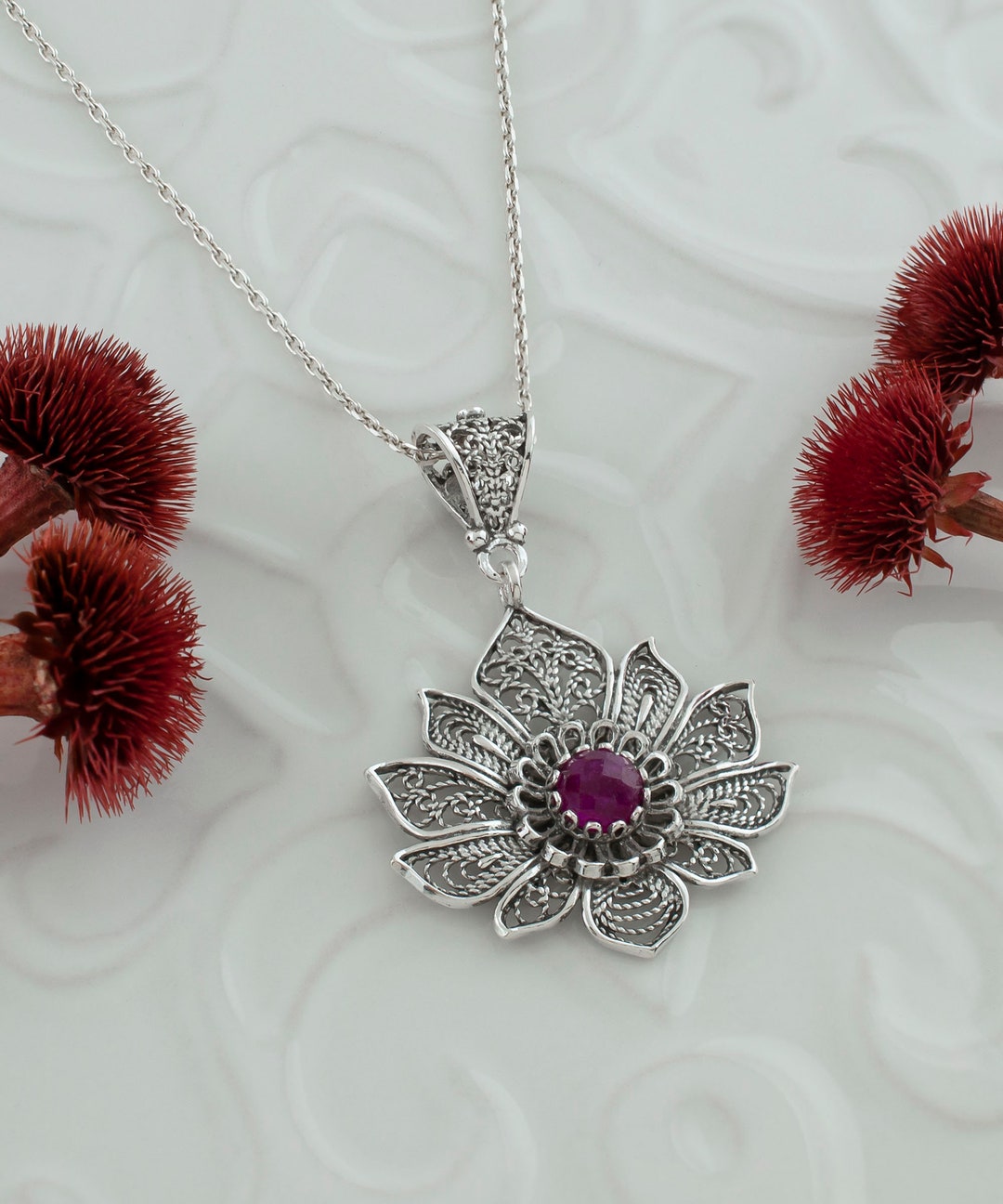 Ruby Silver Gothic Lotus Flower Pendant Necklace, 925 Sterling Corundum ...