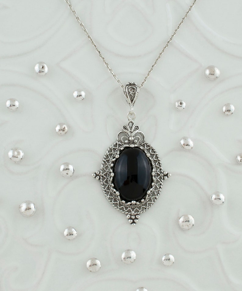Black Onyx Silver Gothic Pendant Necklace, 925 Sterling Silver Big ...