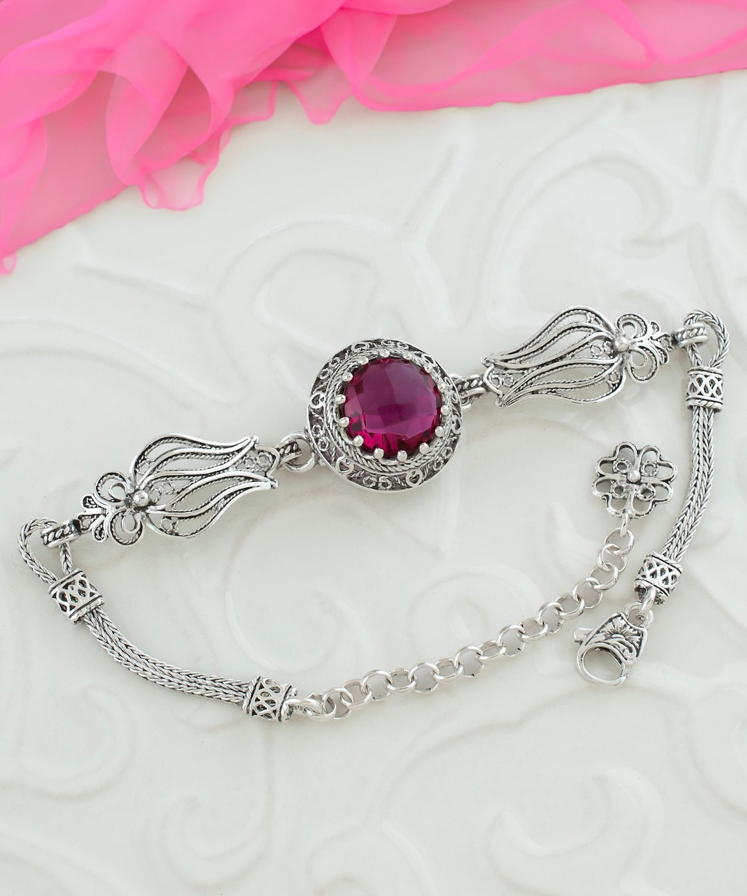 Ruby Sterling Silver Victorian Floral Bracelet Red Ruby - Etsy