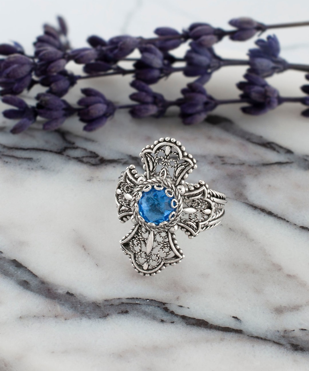 Blue Quartz Silver Gothic Medieval Cross Ring, 925 Sterling Silver ...