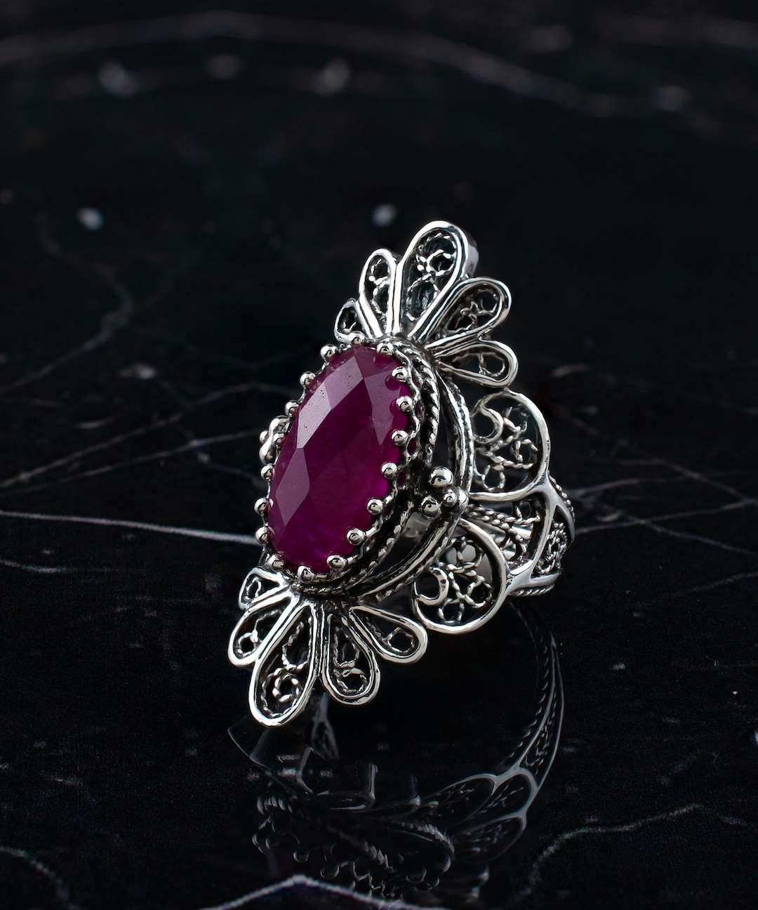 Ruby Silver Gothic Oval Bold Statement Ring, 925 Sterling Handmade Red ...