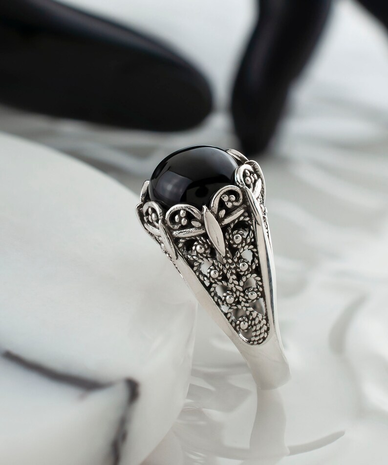 Black Onyx Silver Gothic Cocktail Ring, 925 Sterling Silver Artisan ...