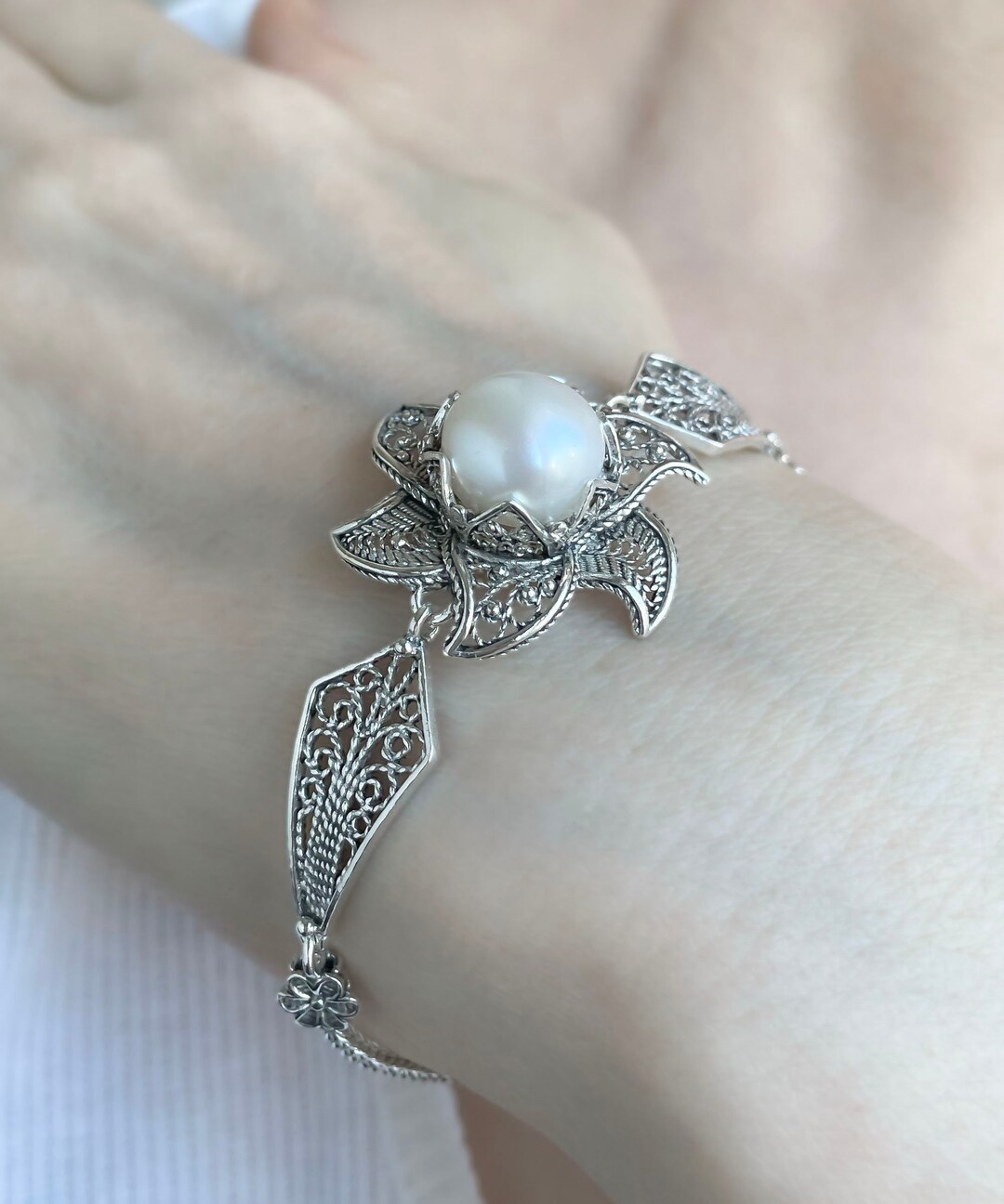 White Pearl Silver Filigree Lotus Flower Bracelet, 925 Sterling Silver ...