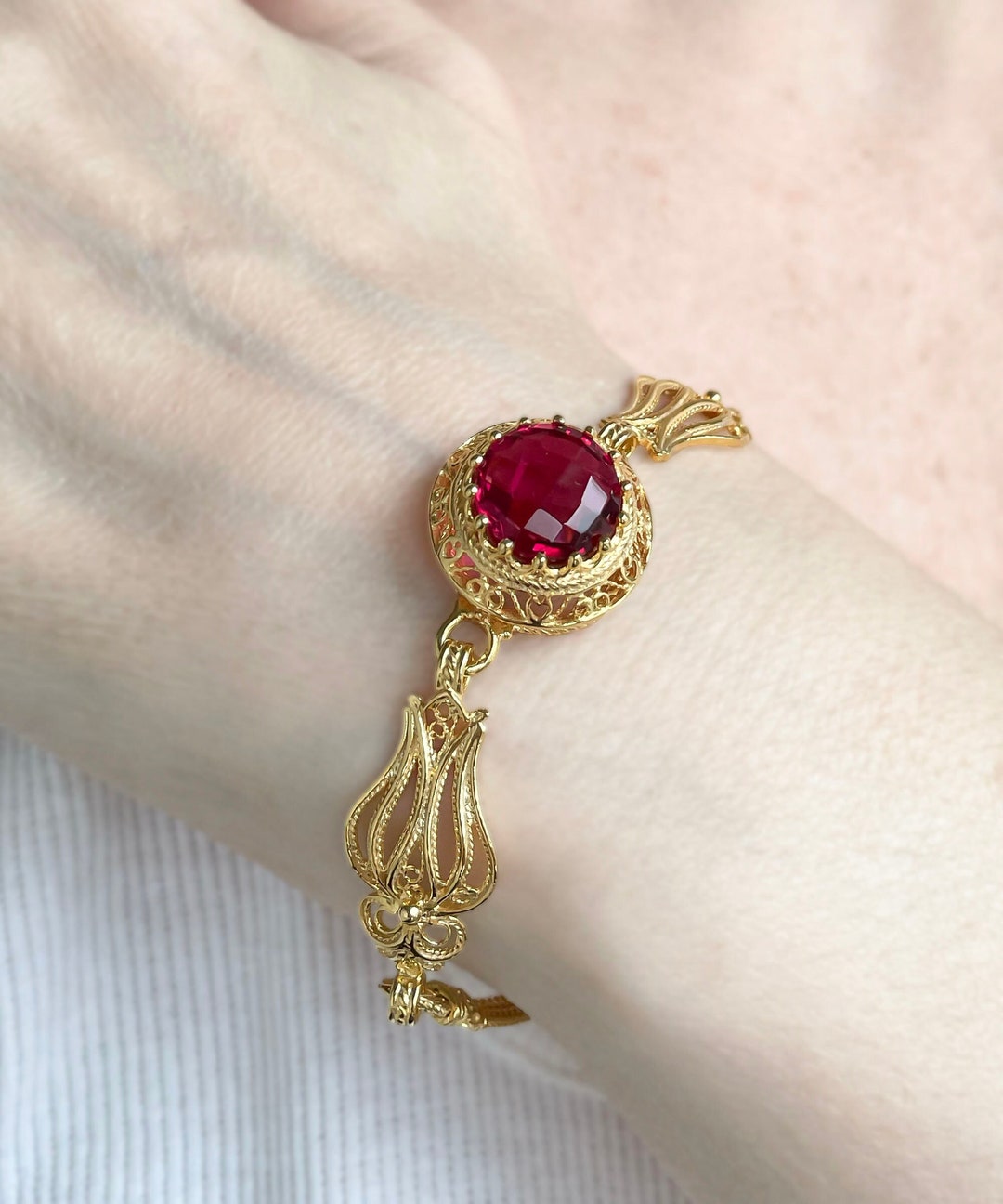 Gold Ruby Vintage Silver Edwardian Bracelet, 925 Sterling Gold Plated ...