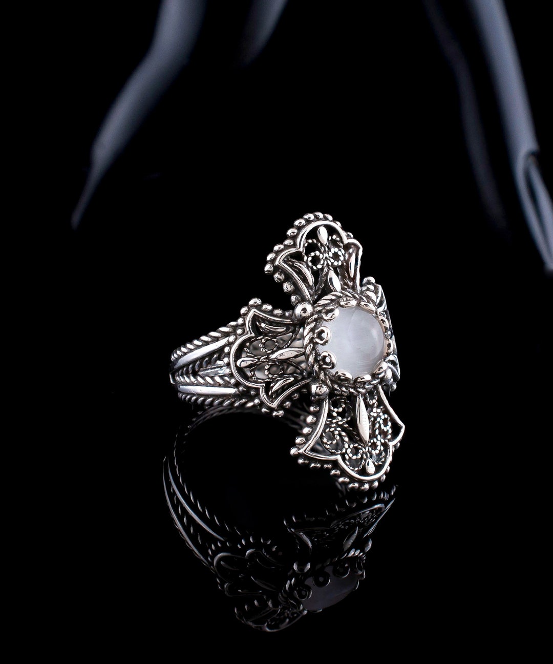 Mother of Pearl Silver Filigree Cross Ring, 925 Sterling Artisan ...