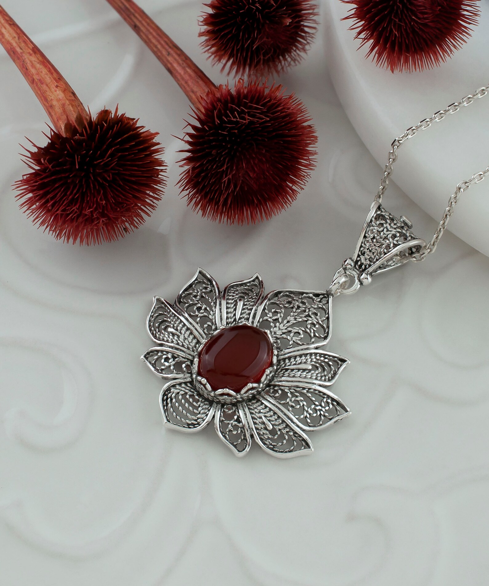 Carnelian Silver Goth Lotus Flower Pendant Necklace 925 - Etsy