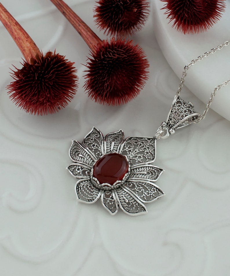 Carnelian Silver Goth Lotus Flower Pendant Necklace 925 - Etsy