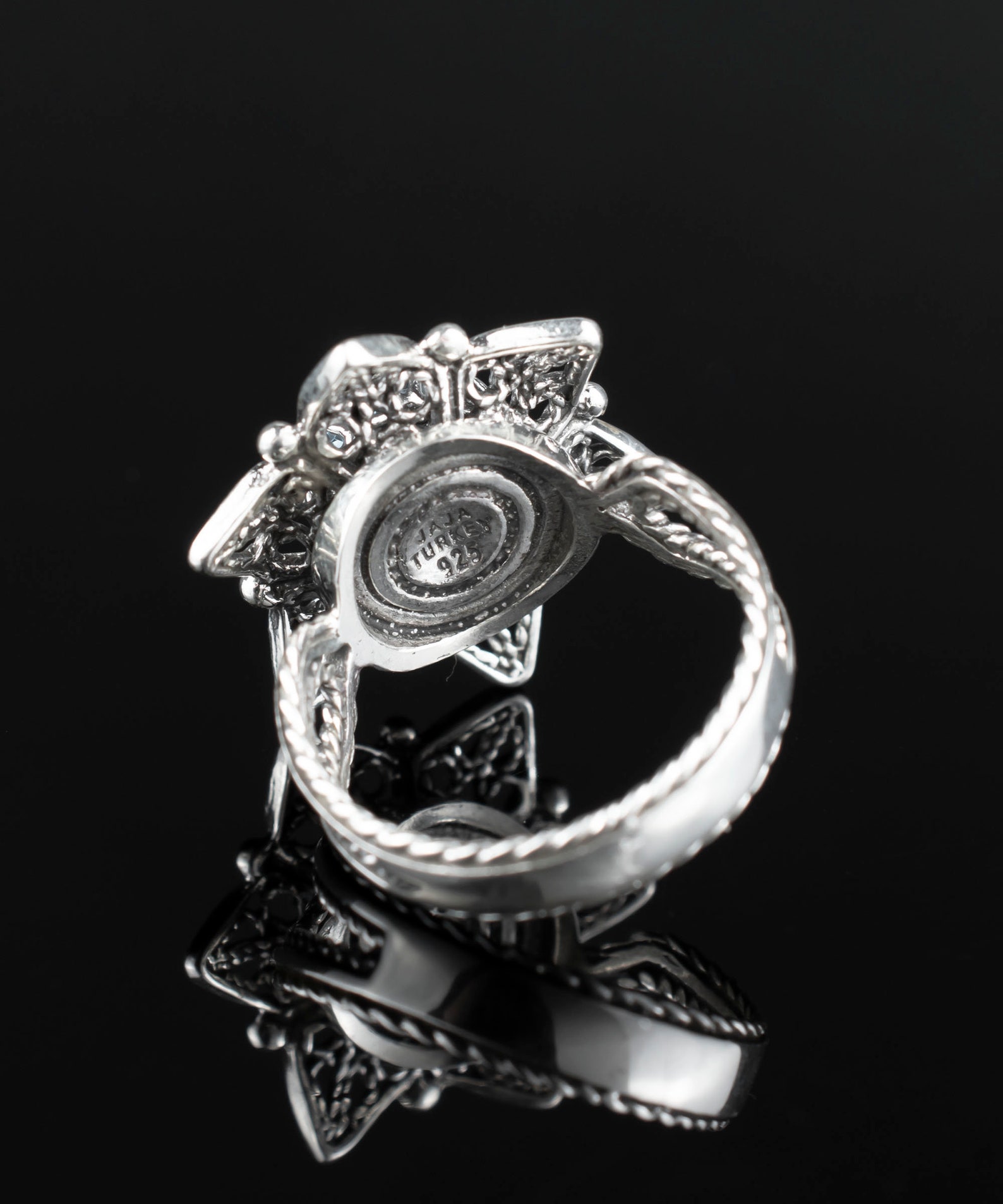 Black Rutile Silver Gothic Filigree Lotus Ring, 925 Sterling Artisan ...