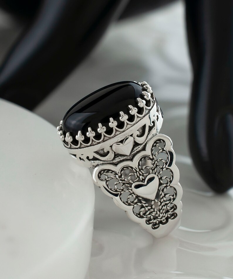 Black Onyx Silver Gothic Heart Wing Ring, 925 Sterling Artisan Made ...