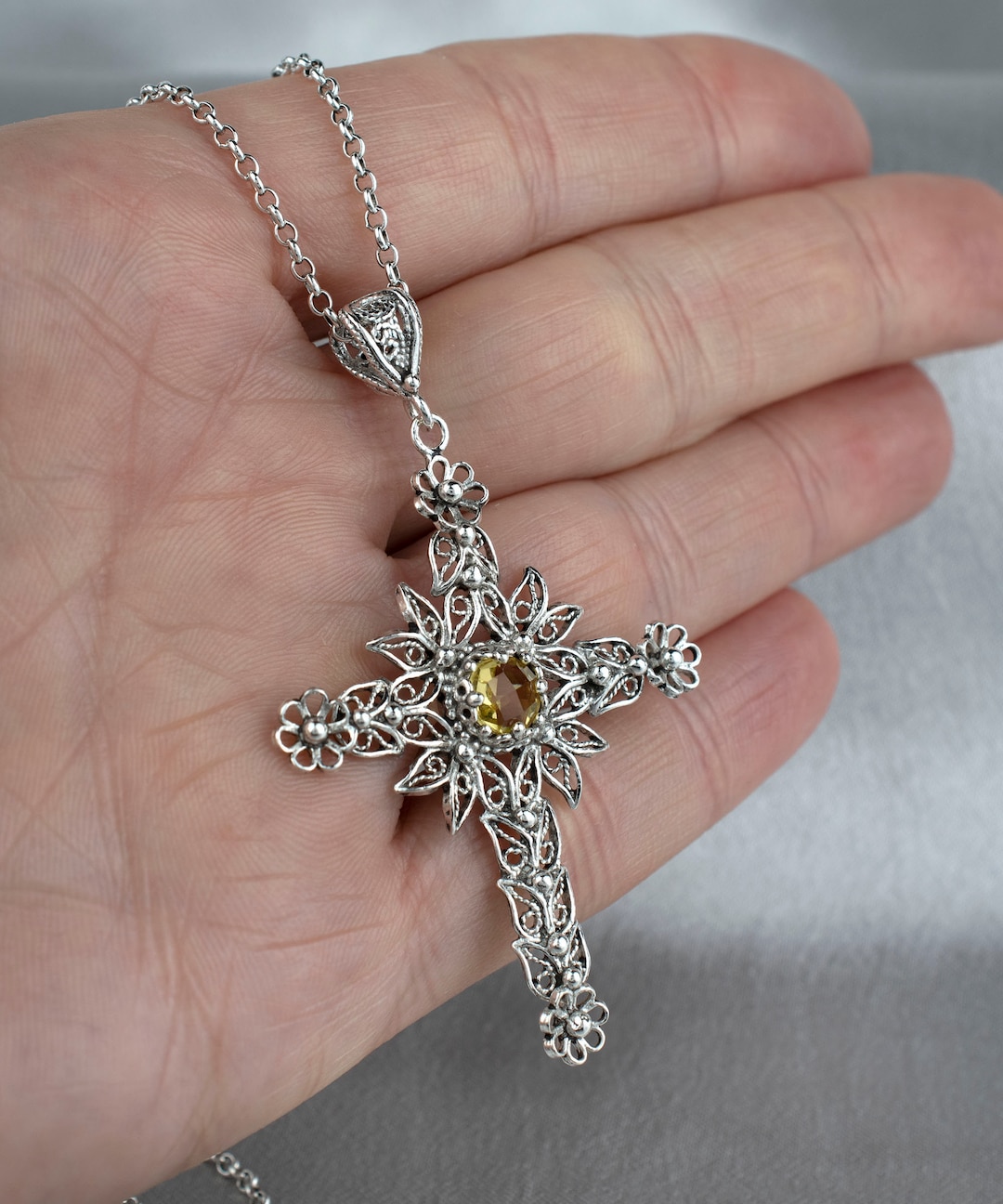 Citrine Silver Holy Cross Pendant Necklace, 925 Sterling Silver Artisan ...