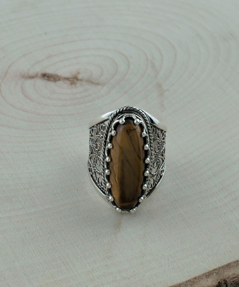 Tigerauge Stein Oval Bold Statement Silber Ring, 925 Sterling Artisan ...