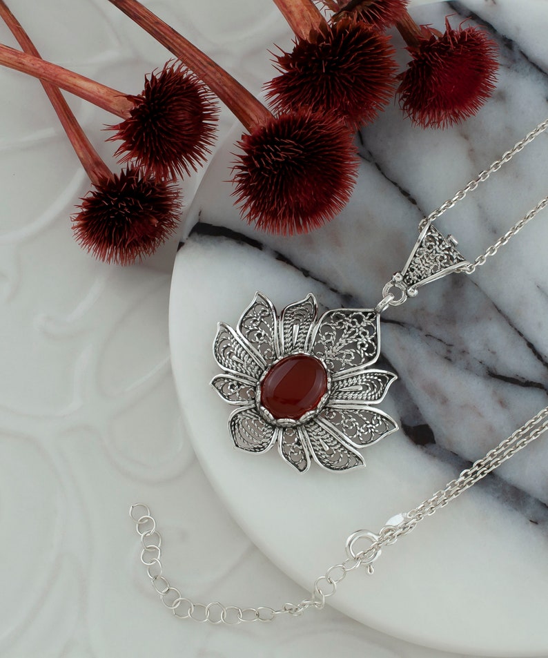 Carnelian Silver Goth Lotus Flower Pendant Necklace 925 - Etsy