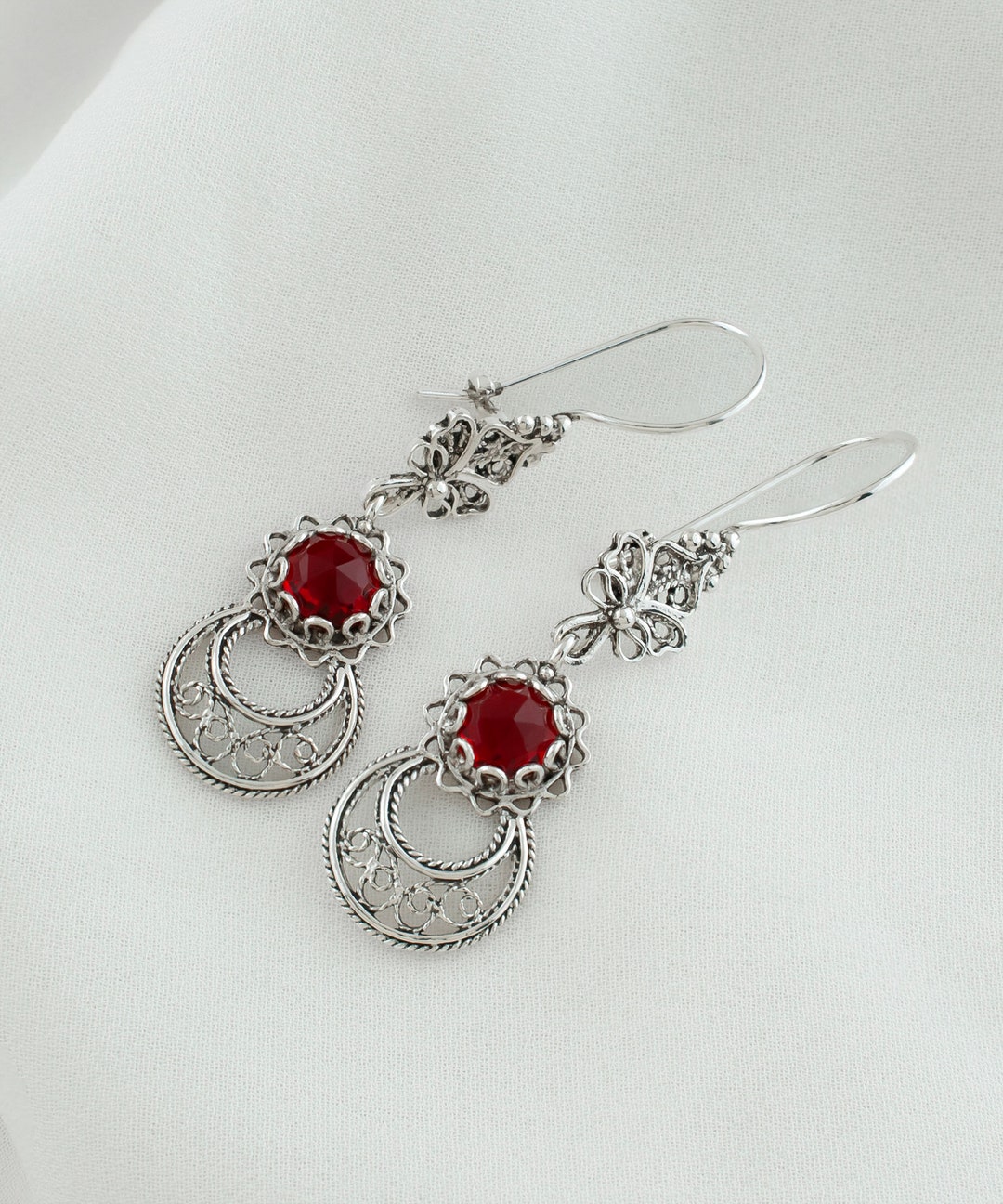 Ruby Silver Moon Crescent Charm Drop Earrings, Sterling Silver Red ...