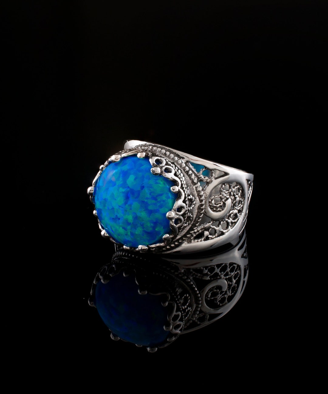 Blue Opal Silver Filigree Paisley Ring, 925 Sterling Artisan Handmade ...