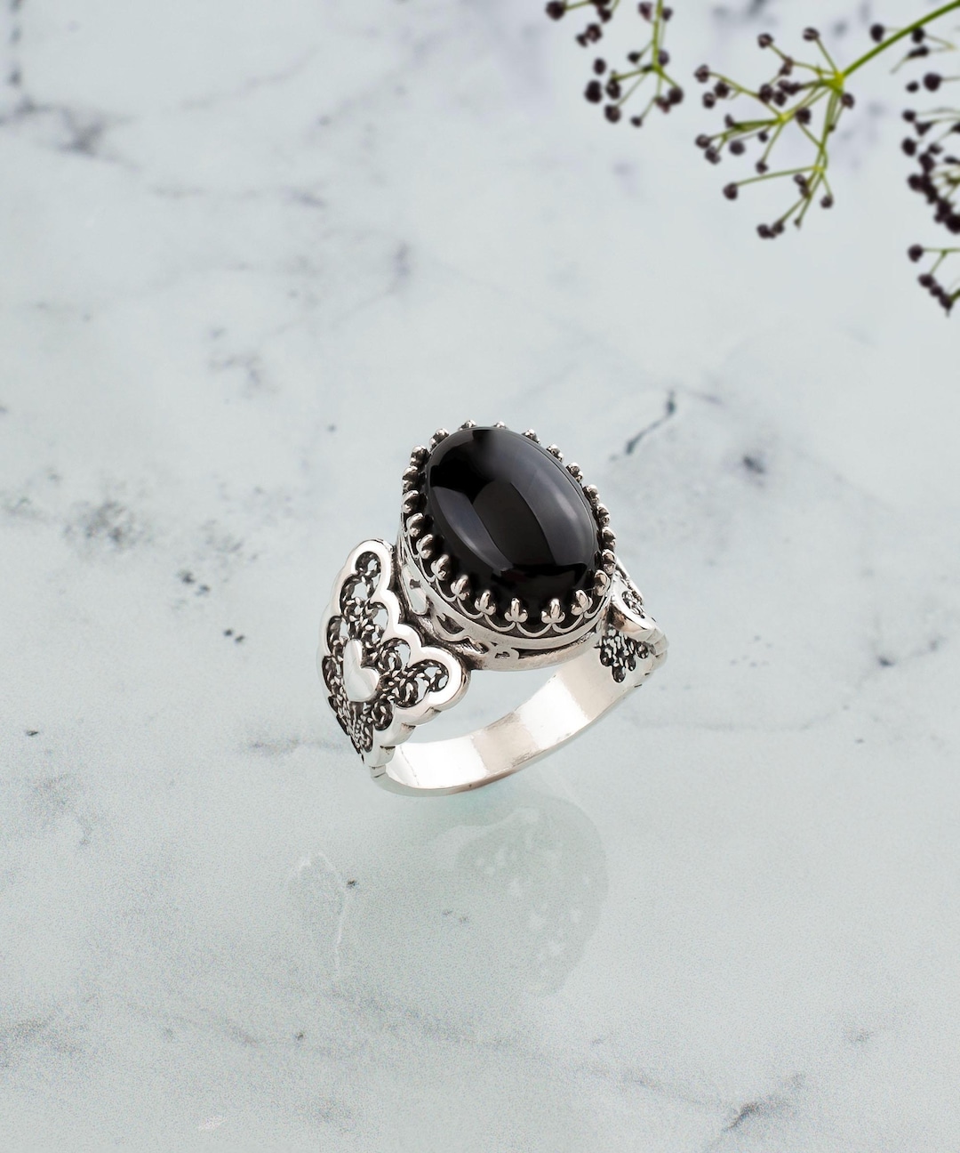Black Onyx Silver Gothic Heart Wing Ring, 925 Sterling Artisan Made ...