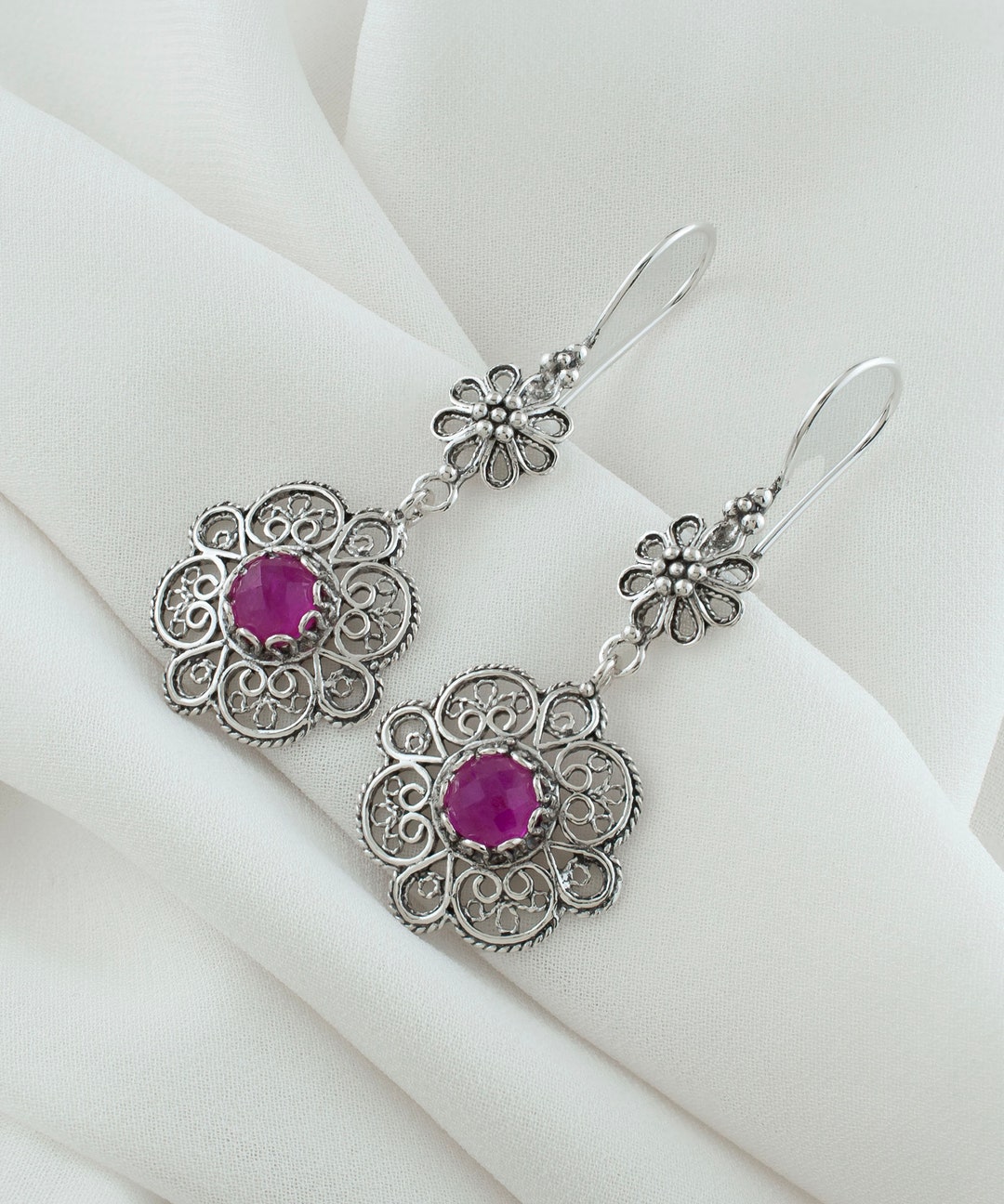Ruby Corundum Silver Gothic Flower Dangle Earrings, Sterling Silver Red ...