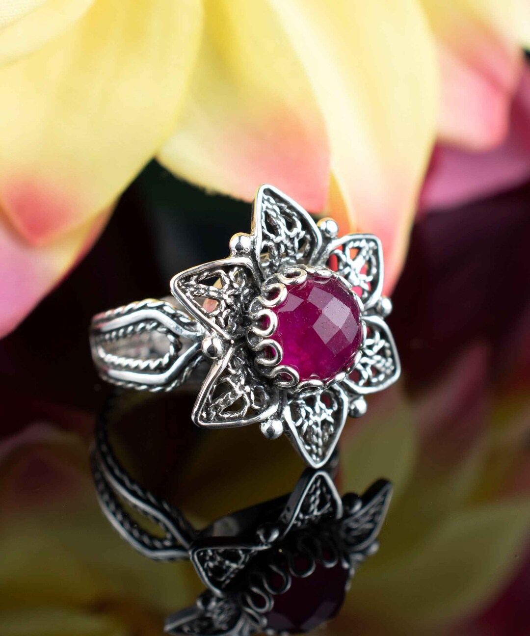 Ruby Corundum Silver Gothic Women Filigree Ring, 925 Sterling Artisan ...