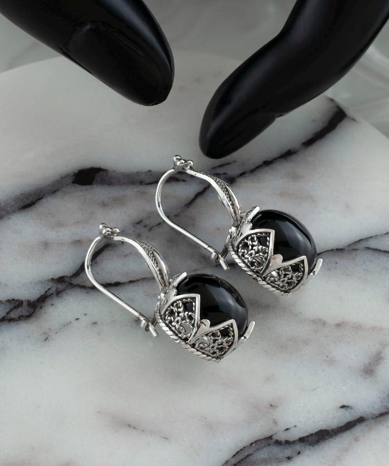 Black Onyx Silver Gothic Dangle Earrings 925 Sterling Silver Filigree ...