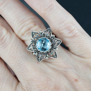 Blue Topaz Silver Victorian Lotus Flower Ring, 925 Sterling Artisan ...