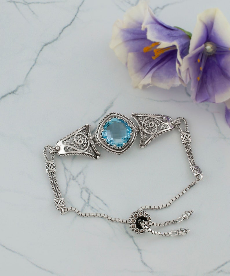Sky Blue Topaz Silver Filigree Bracelet, 925 Sterling Silver Genuine ...