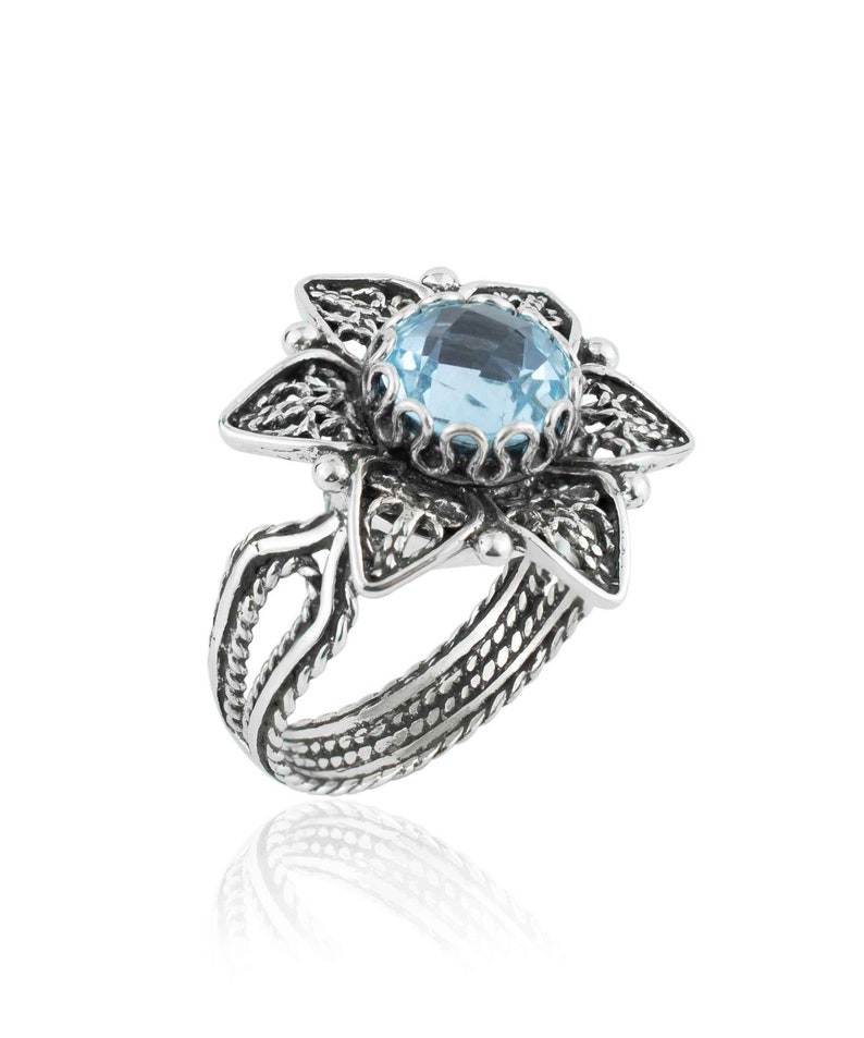 Blue Topaz Silver Victorian Lotus Flower Ring, 925 Sterling Artisan ...