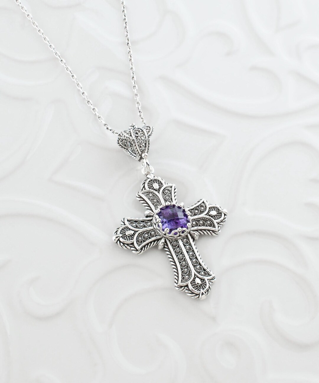 Amethyst Silver Holy Cross Baptism Pendant Necklace, Sterling Silver ...