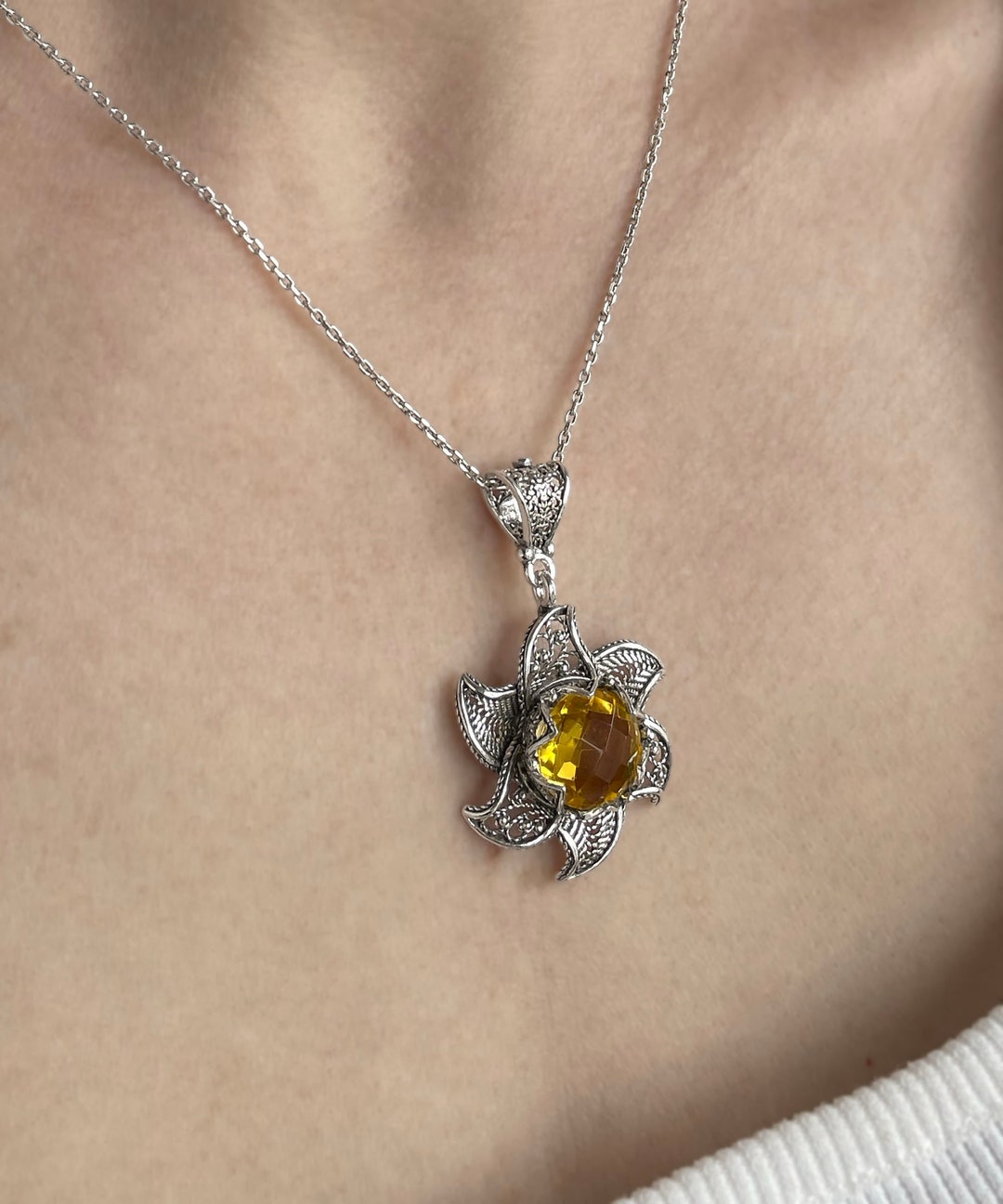 Citrine Silver Sunflower Statement Pendant Necklace, 925 Sterling ...