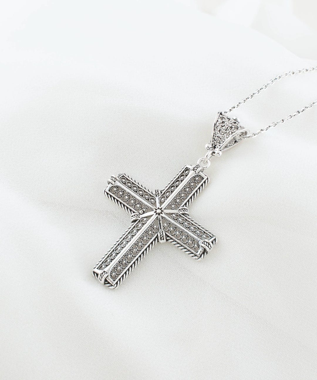 Silver Religious Filigree Cross Pendant Necklace, 925 Sterling Silver ...