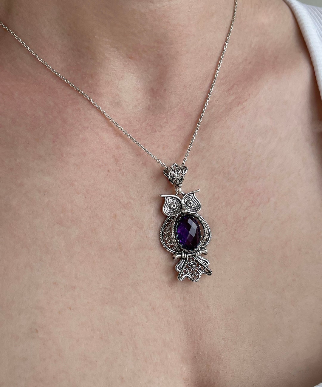 Amethyst Silver Owl Victorian Pendant Necklace, 925 Sterling Silver ...