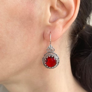 Ruby Silver Victorian Filigree Drop Earrings, 925 Sterling Silver Ruby ...