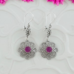 Ruby Corundum Silver Gothic Flower Dangle Earrings, Sterling Silver Red ...
