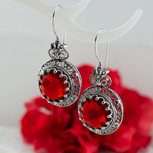 Ruby Silver Victorian Filigree Drop Earrings, 925 Sterling Silver Ruby ...