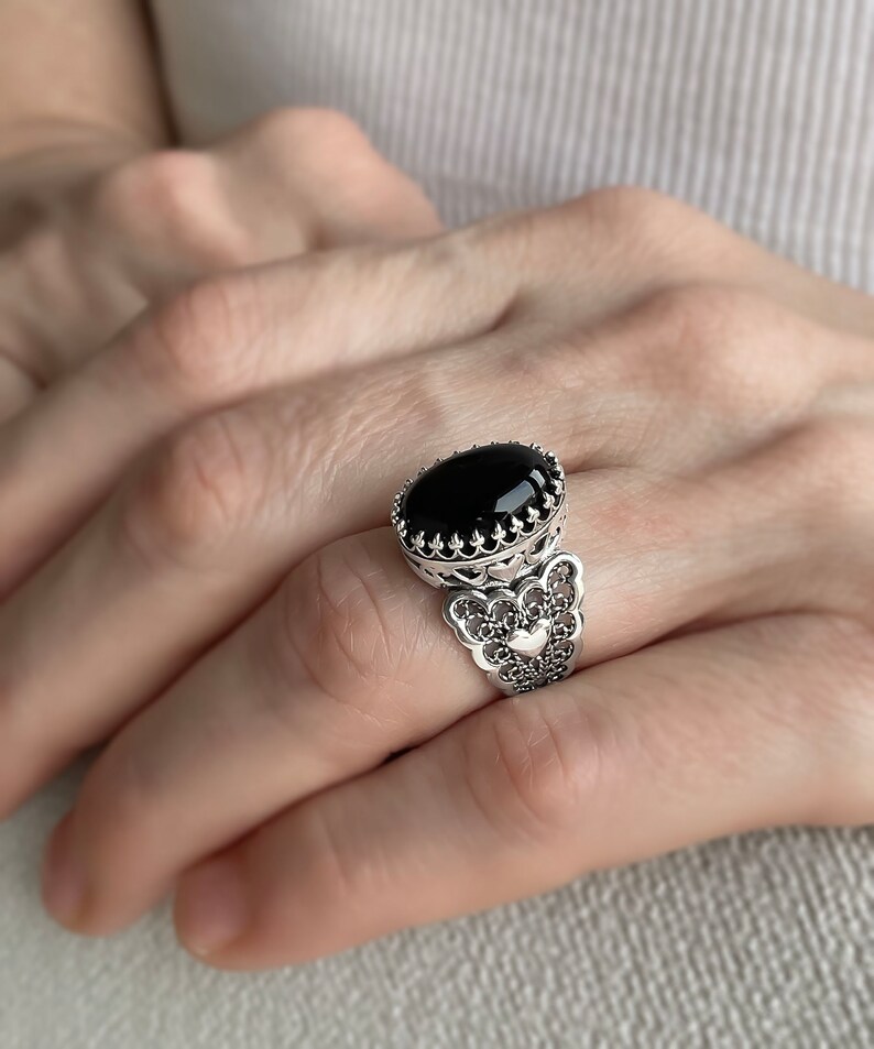 Black Onyx Silver Gothic Heart Wing Ring, 925 Sterling Artisan Made ...
