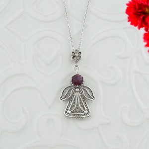 Ruby Guardian Angel Charm Pendant Necklace, Red Corundum Stone Handmade ...