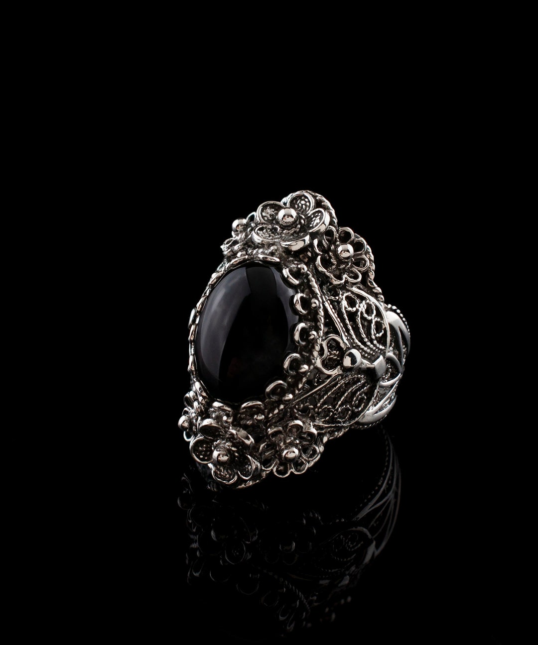 Black Onyx Silver Oval Gothic Statement Ring, 925 Sterling Artisan Made ...
