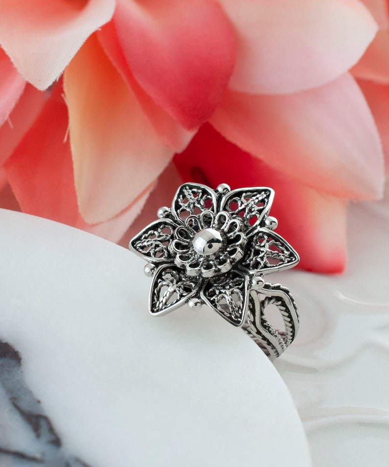 925 Sterling Silver Filigree Lily Women Ring Handmade Floral - Etsy
