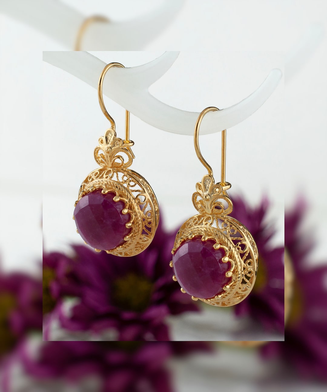 Gold Ruby Corundum Boho Silver Drop Earrings, 925 Sterling Gold Plated ...