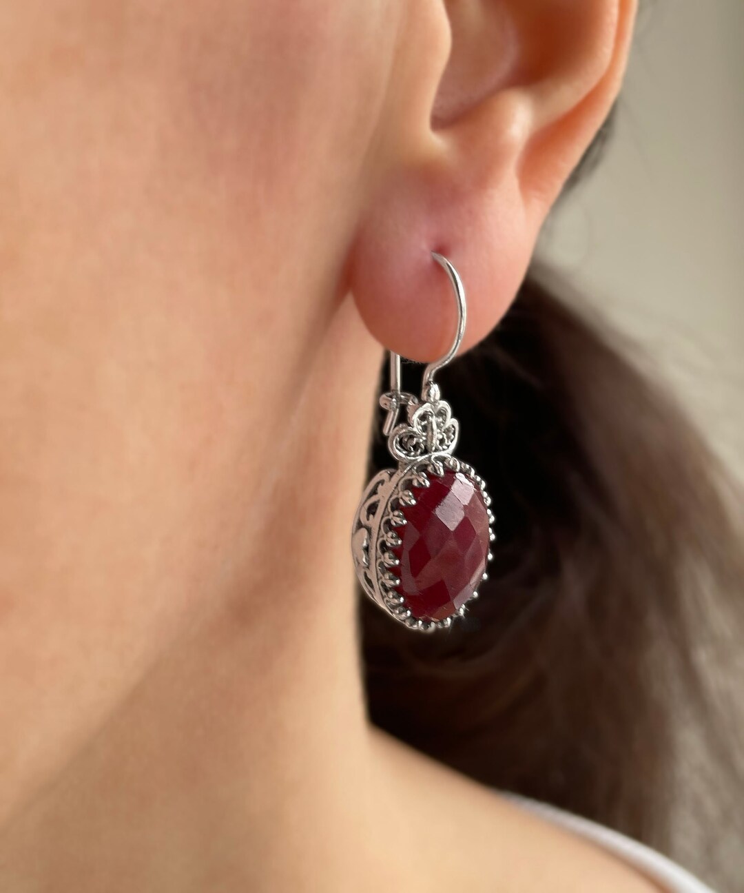 Ruby Silver Gothic Heart Detail Drop Earrings, 925 Sterling Red ...