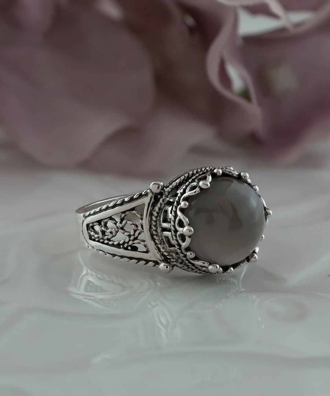 Gray Moonstone Silver Gothic Filigree Ring, 925 Sterling Silver Artisan ...