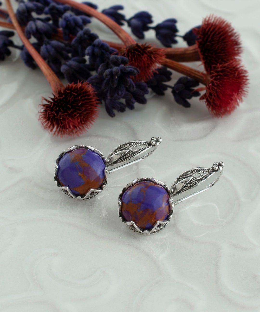 Mojave Turquoise Silver Boho Floral Drop Earrings, 925 Sterling Silver ...
