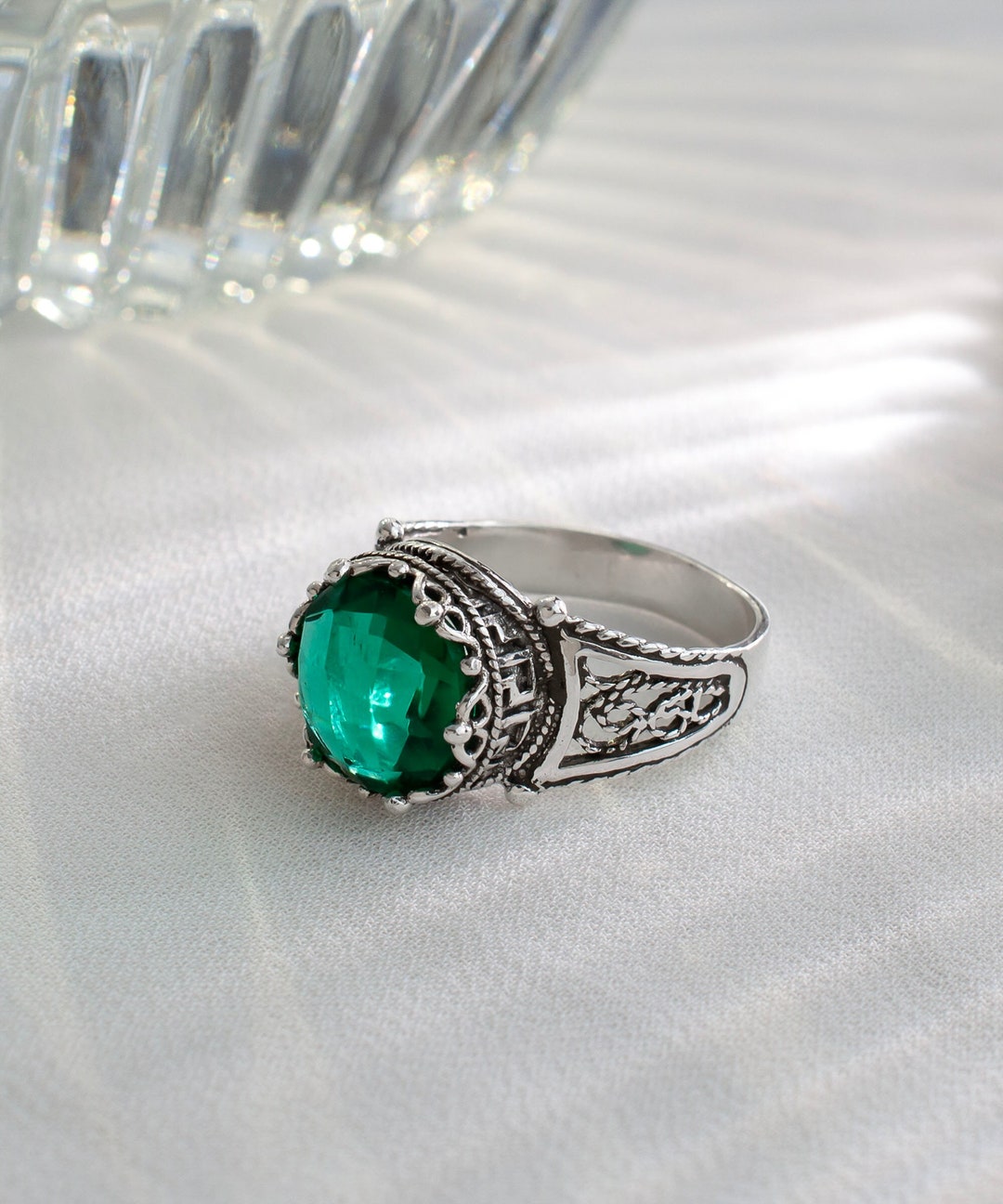 Emerald Silver Gothic Filigree Women Ring, 925 Sterling Silver Green ...
