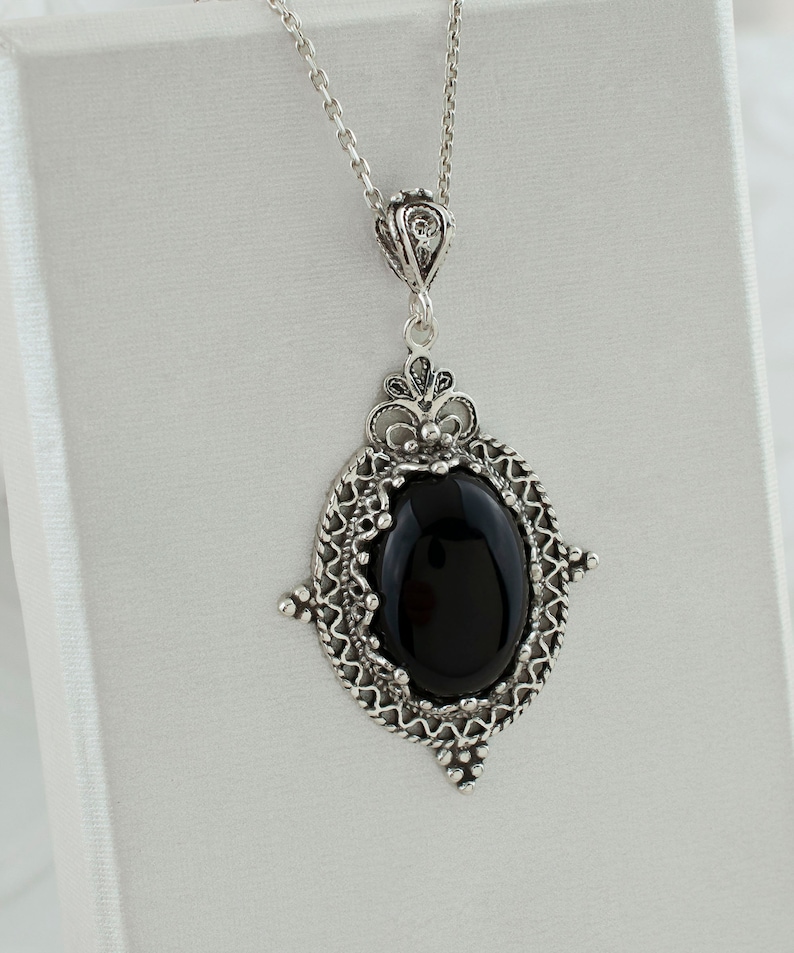 Black Onyx Silver Gothic Pendant Necklace, 925 Sterling Silver Big ...