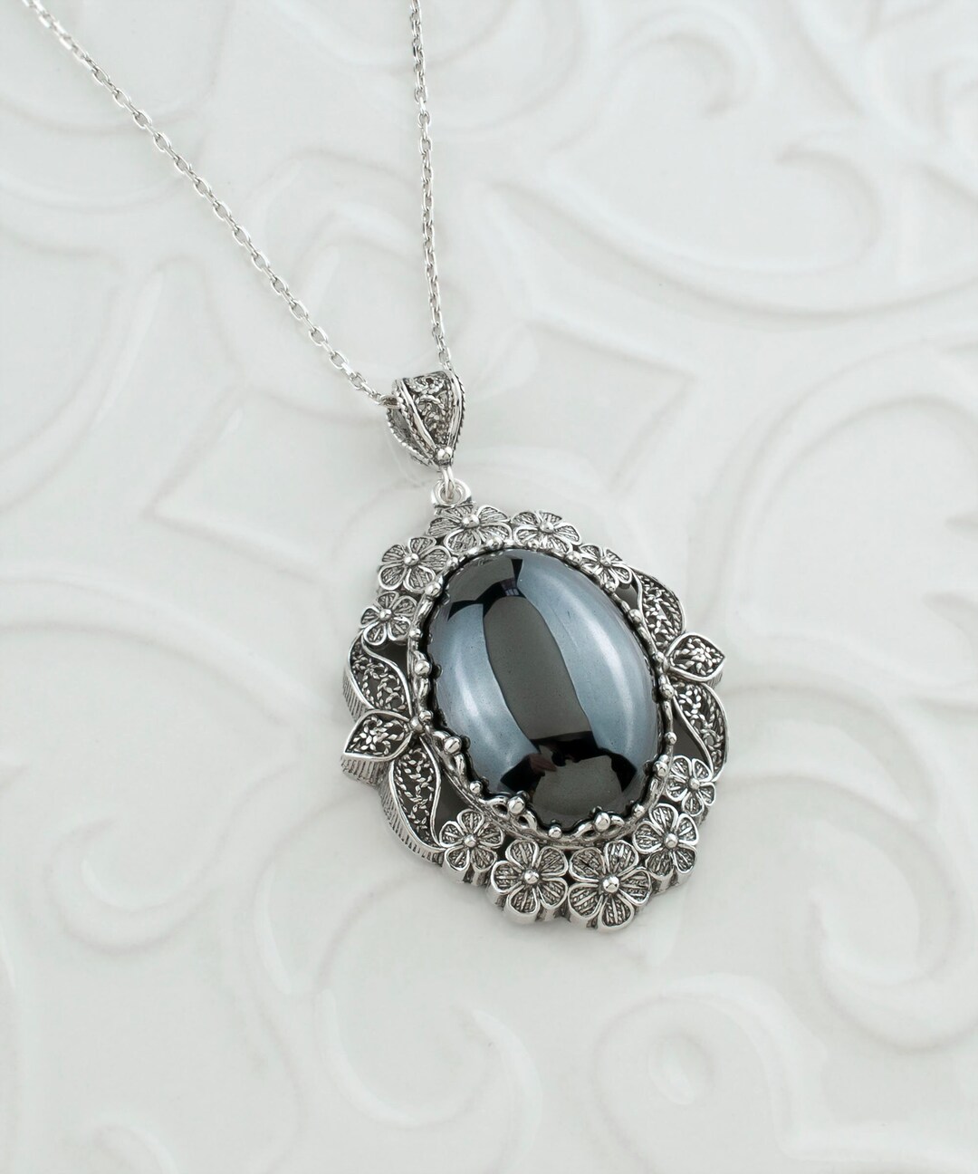 Silver Large Hematite Pendant Necklace, Handmade Floral Filigree Oval ...