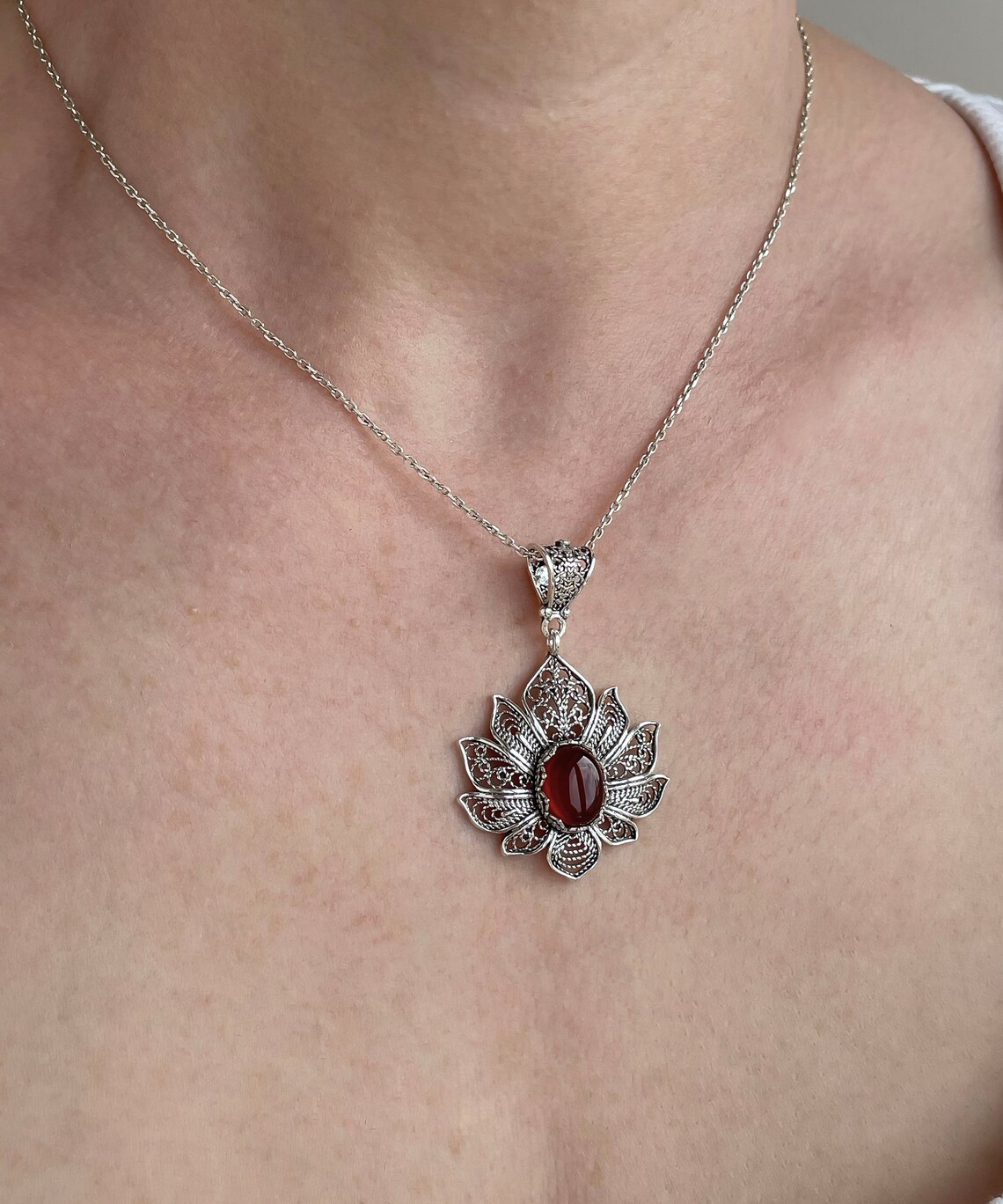 Carnelian Silver Goth Lotus Flower Pendant Necklace 925 - Etsy