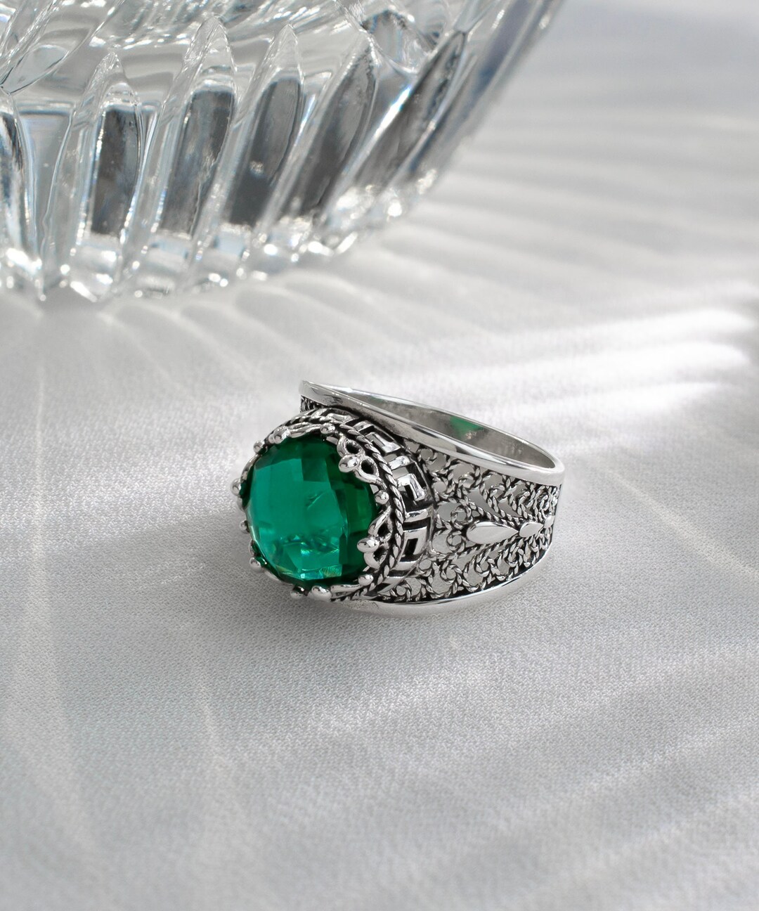 Emerald Silver Ancient Greek Key Boho Ring, Sterling Silver Handmade ...