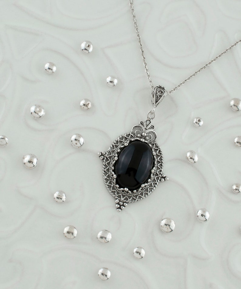 Black Onyx Silver Gothic Pendant Necklace, 925 Sterling Silver Big ...