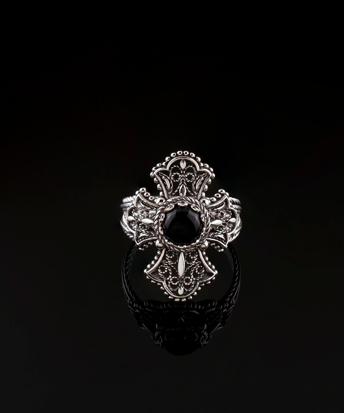 Black Onyx Silver Gothic Medieval Cross Ring 925 Sterling - Etsy
